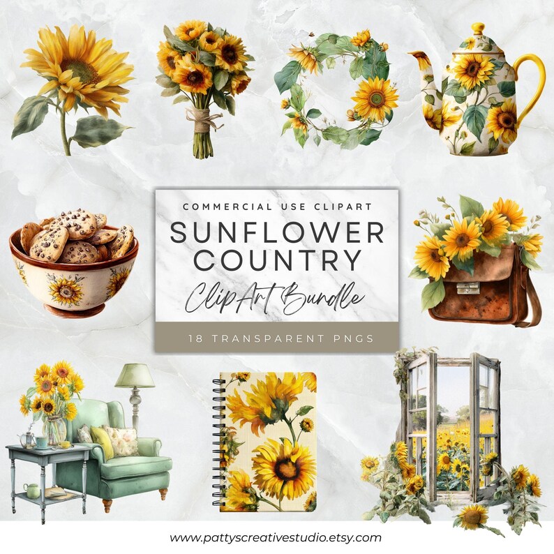 Sunflower Clipart Bundle Watercolor Sunflower Country Bouquet Clipart ...