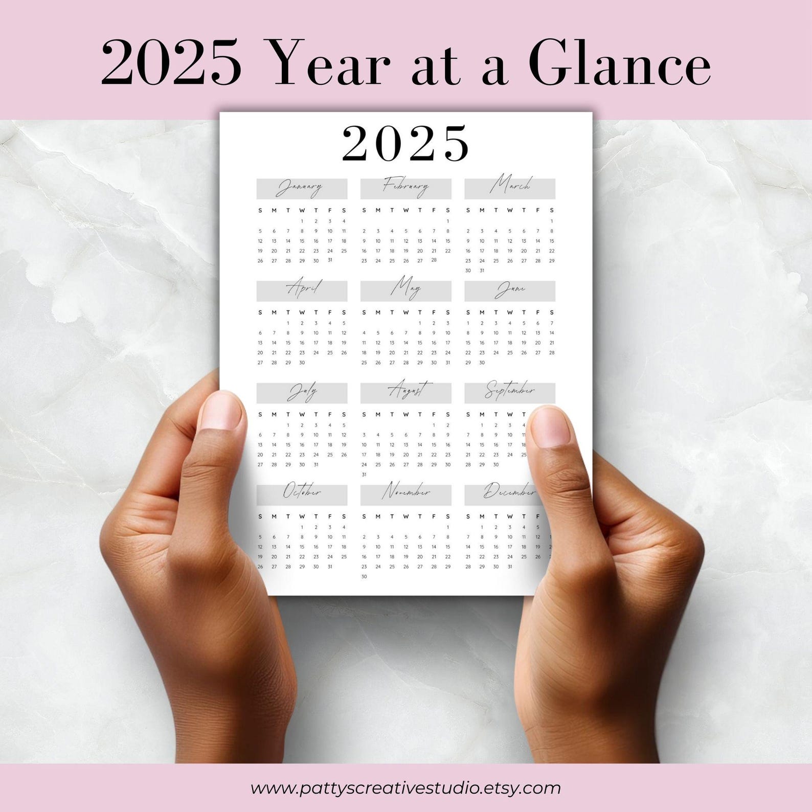 2025 S-S Yearly Calendar Black White Basic Year at a Glance Calendar ...