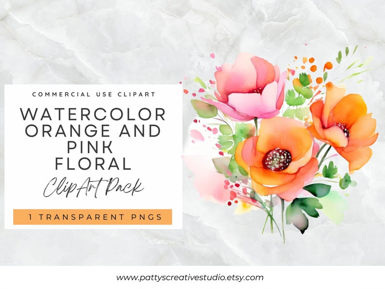 Pink Orange Floral 1 Image Clipart Orange Pink Watercolor Floral ...