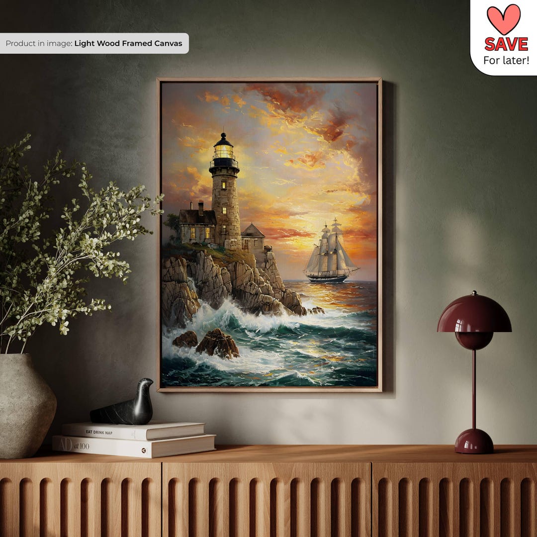 Lighthouse and Ship Canvas Art: Nautical Sunset Seascape Painting - Etsy