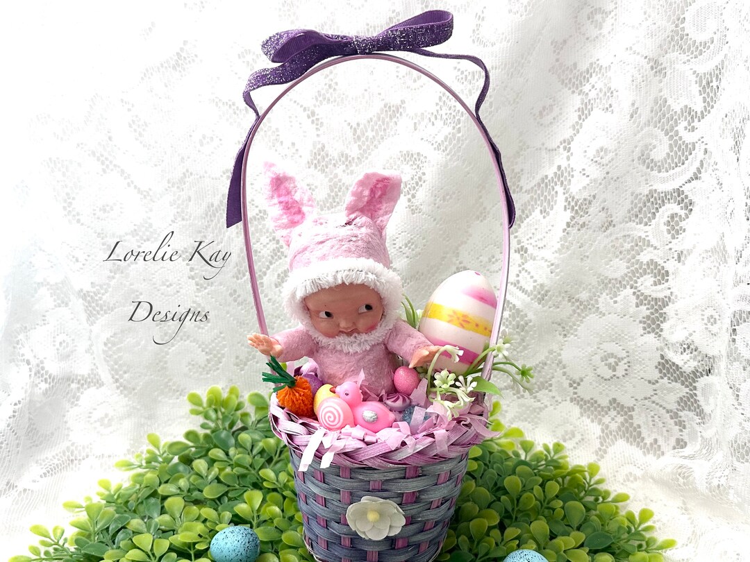 Kewpie Doll Easter Bunny in Basket Sweet Easter Decoration Pastel ...