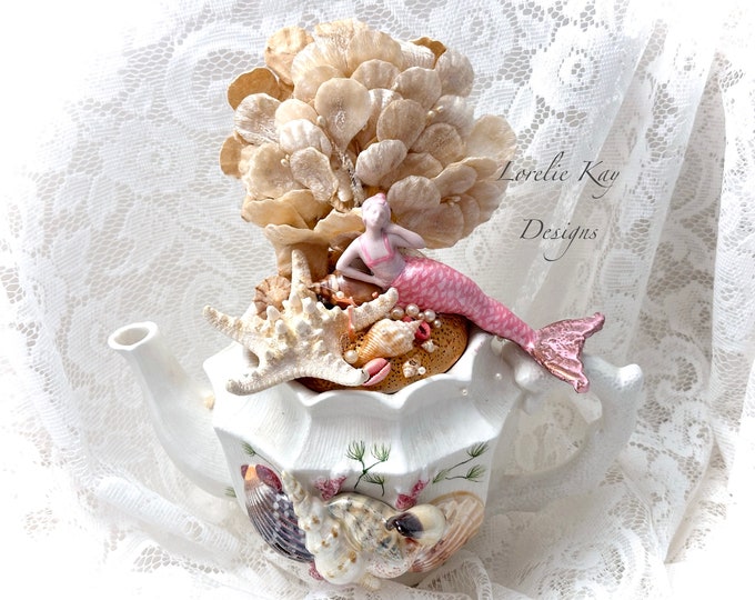 Sculpted Mermaid Teapot Shell Ocean Theme Teapot Mixed Media Assemblage ...
