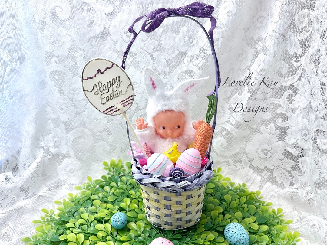 Kewpie Doll Easter Bunny in Basket Sweet Easter Decoration Pastel ...