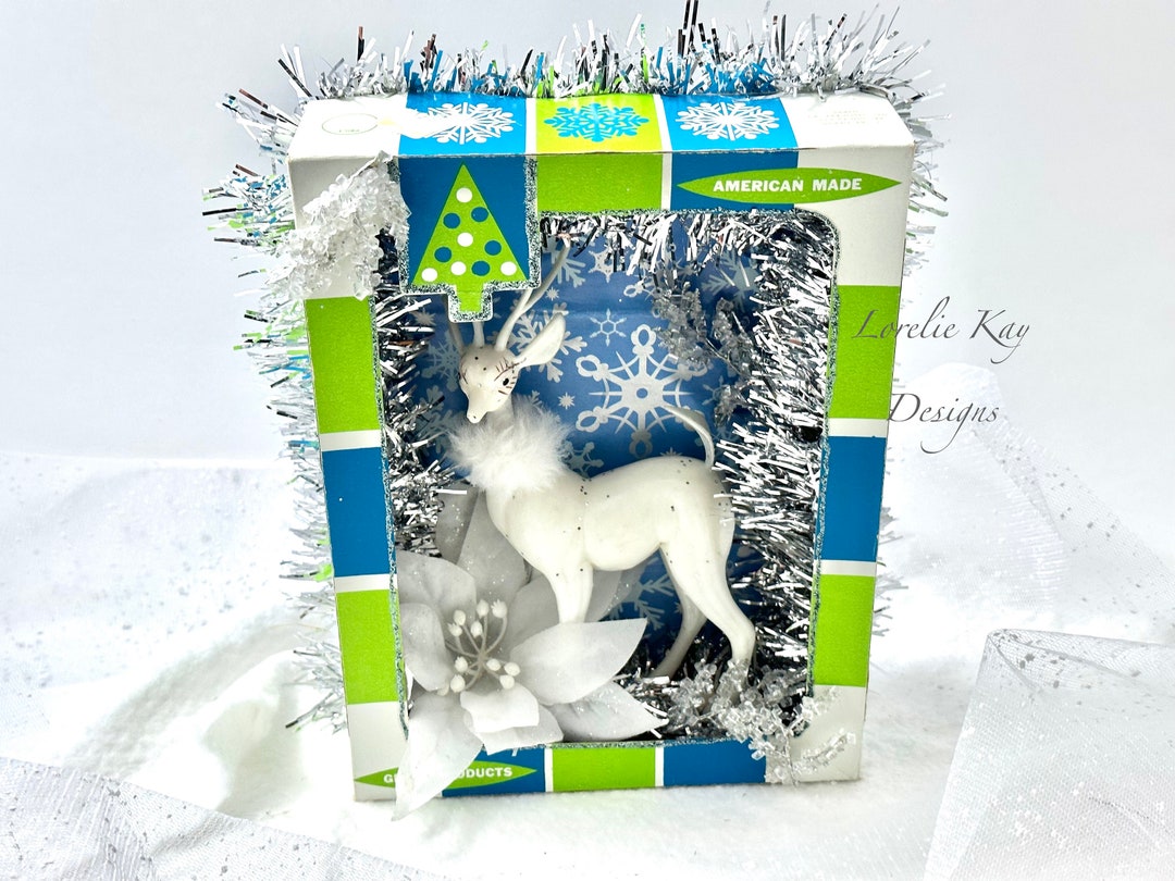 Vintage White Reindeer Christmas Box Diorama Retro Christmas Shadowbox ...