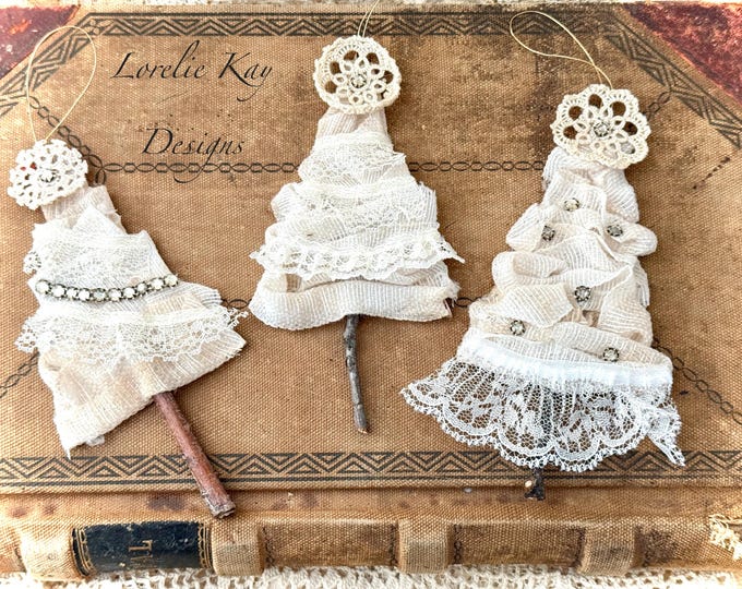 Shabby Brocante Lace Tree Ornaments Set of 3 Feather Tree Ornaments - Etsy