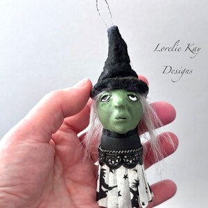 Little Green Witch Peg Doll Ornament Wooden Sculpted One-of-a-kind ...