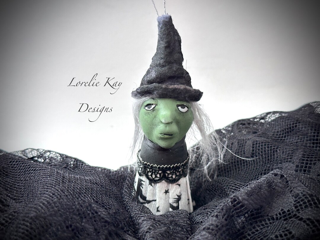 Little Green Witch Peg Doll Ornament Wooden Sculpted One-of-a-kind ...