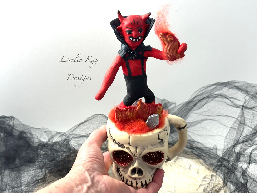Spun Cotton Devil in Skull Decoration Halloween Doll Primitive Folk Art ...