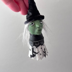 Little Green Witch Peg Doll Ornament Wooden Sculpted One-of-a-kind ...
