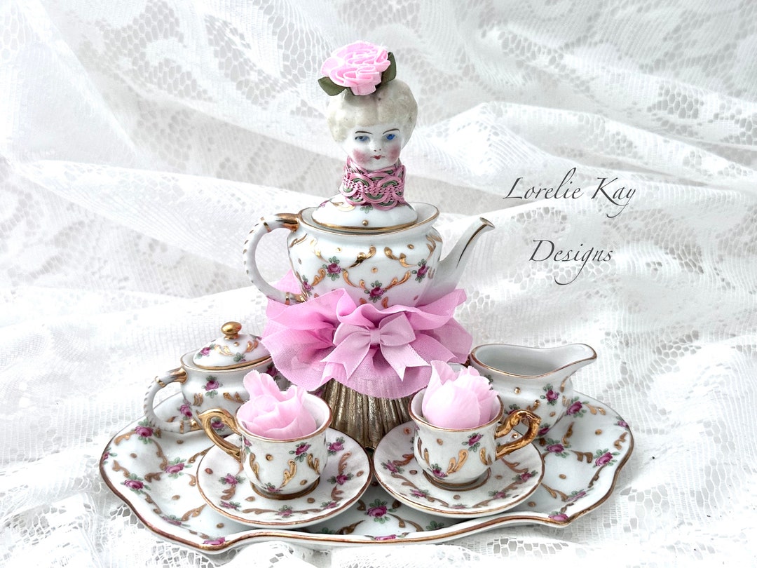 Tea for Two Miniature Rose Art Doll Tea Set Assemblage Doll's Tea Set ...