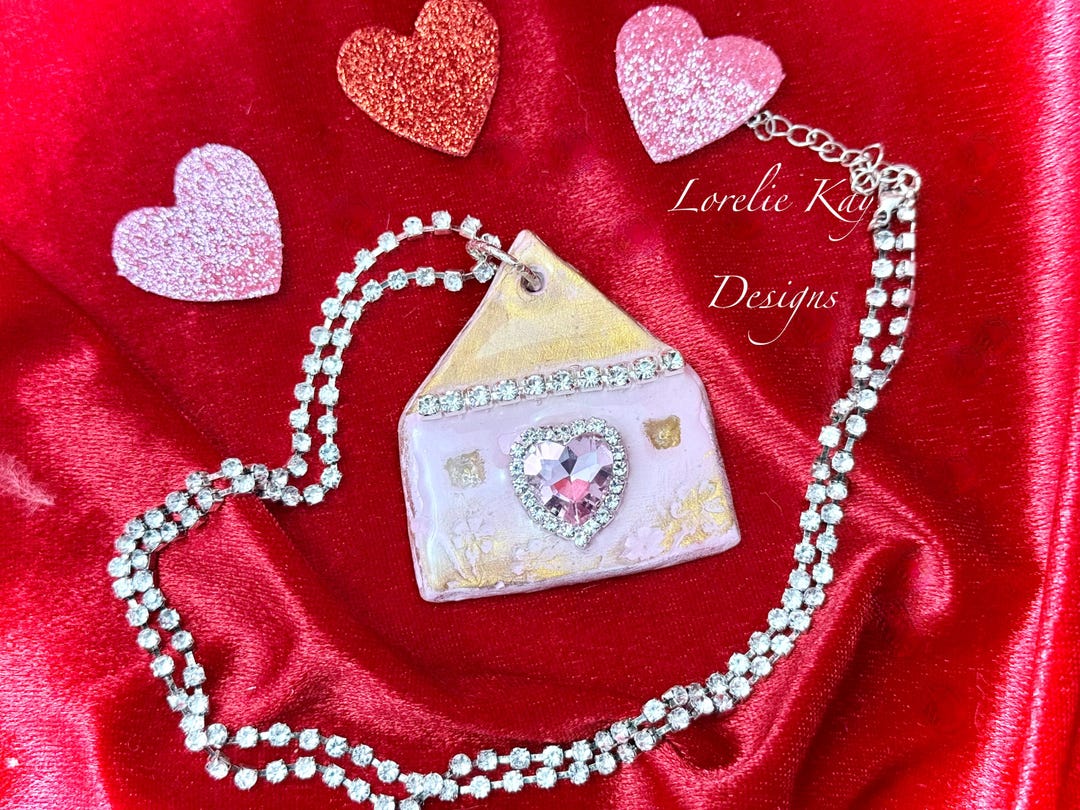 Love Shack House Necklace Crystal Heart Mixed Media Clay Pendant ...