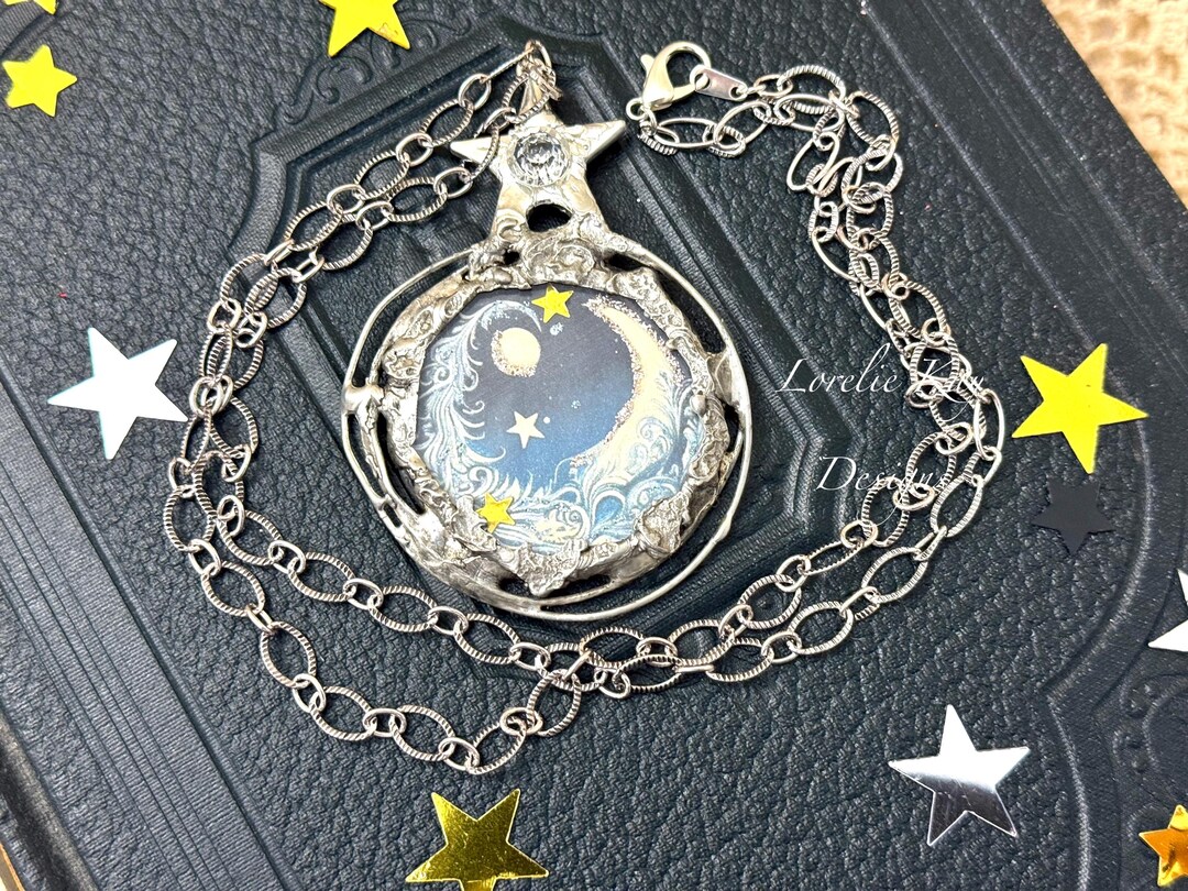 Moon & Stars Soldered Glass Necklace Celestial Pendant One-of-a-kind Lorelie Kay Original - Etsy