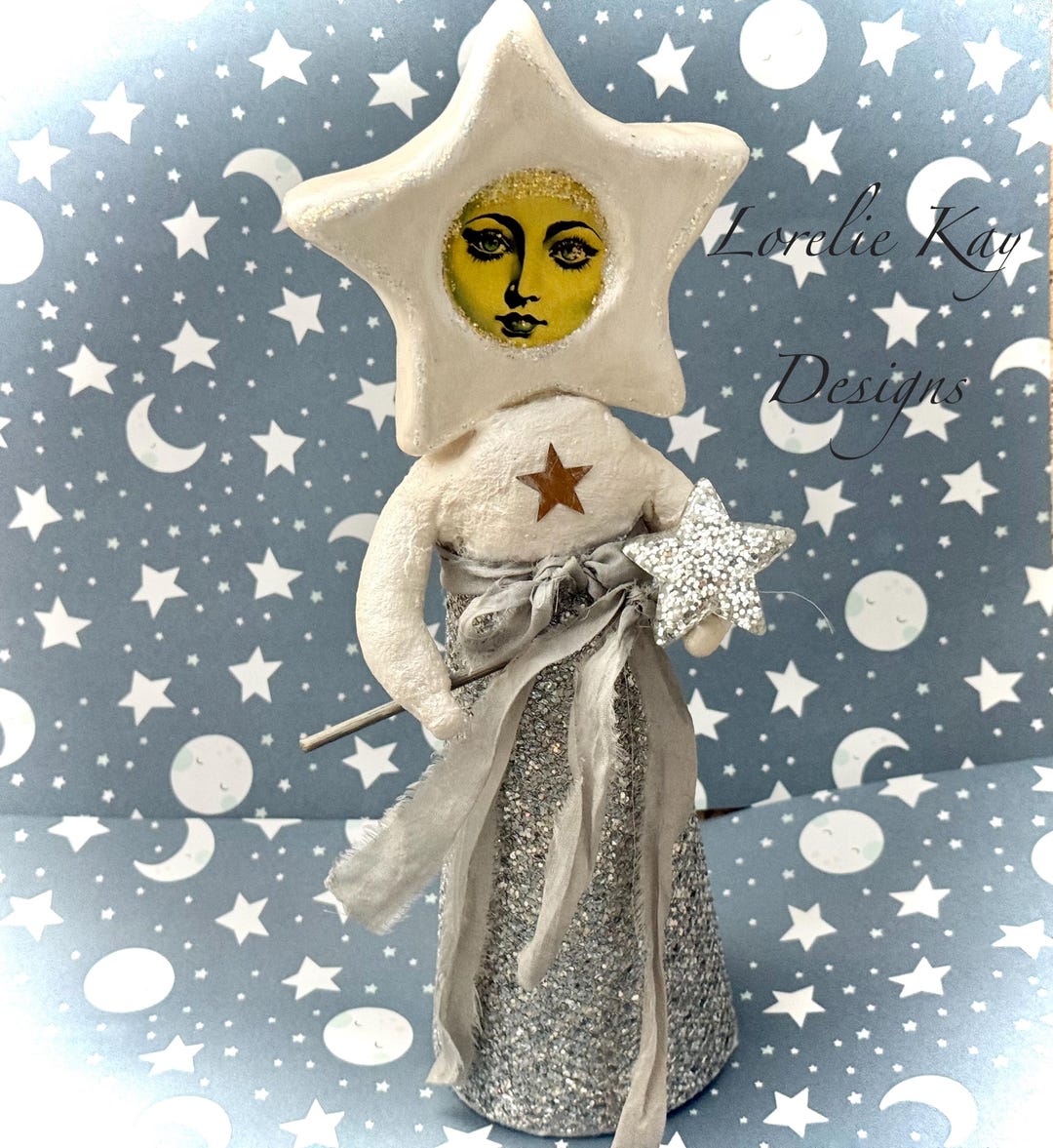 Spun Cotton Star Girl Art Doll Stars & Moon Star Face Hand Painted Girl Doll Lorelie Kay ...