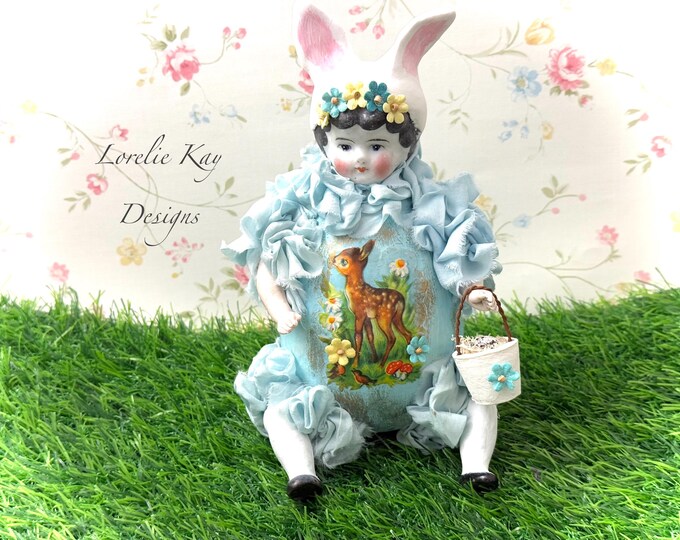 Shabby Blue Bunny Girl Doll Decoration Anthropomorphic Art Doll German ...