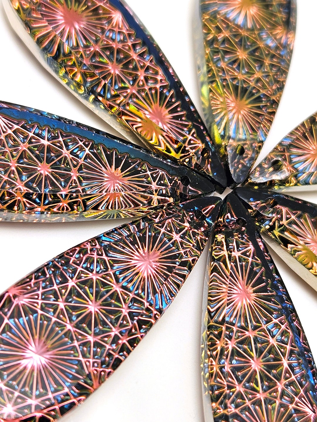 ONE (1) Pressed Glass Spider Web Kaleidoscope Teardrop Pendant Tabac ...