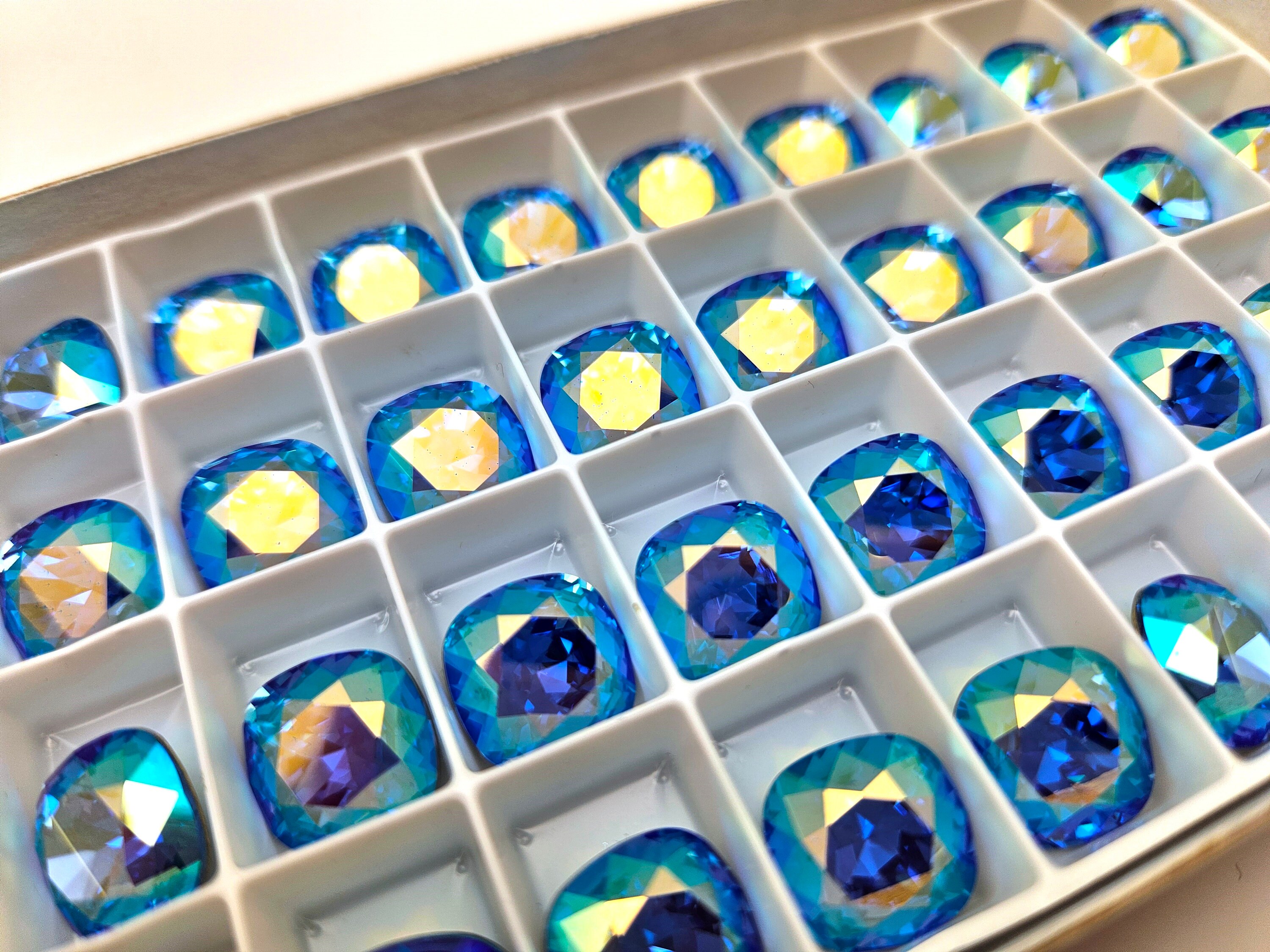 Four (4) Austrian Crystal Fancy Square Stone 4470 Cool Blue AB Rare ...