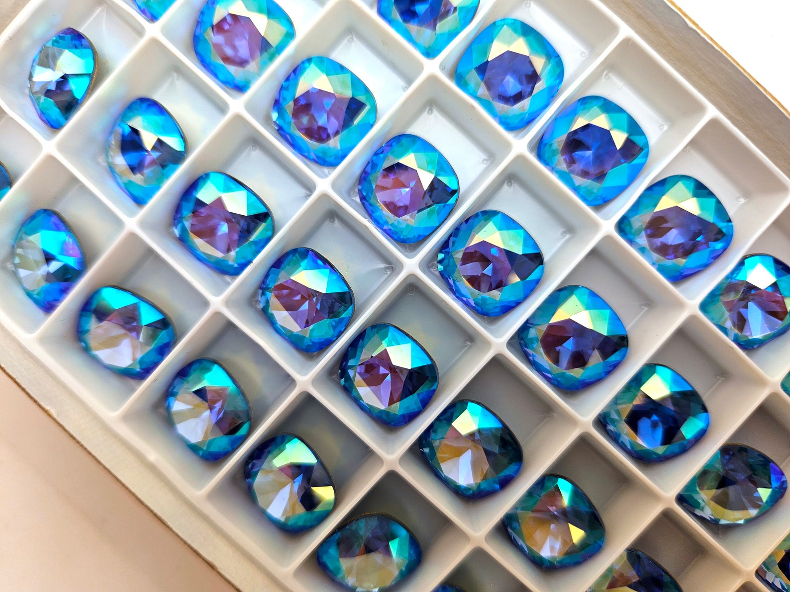 Four (4) Austrian Crystal Fancy Square Stone 4470 Cool Blue AB Rare ...
