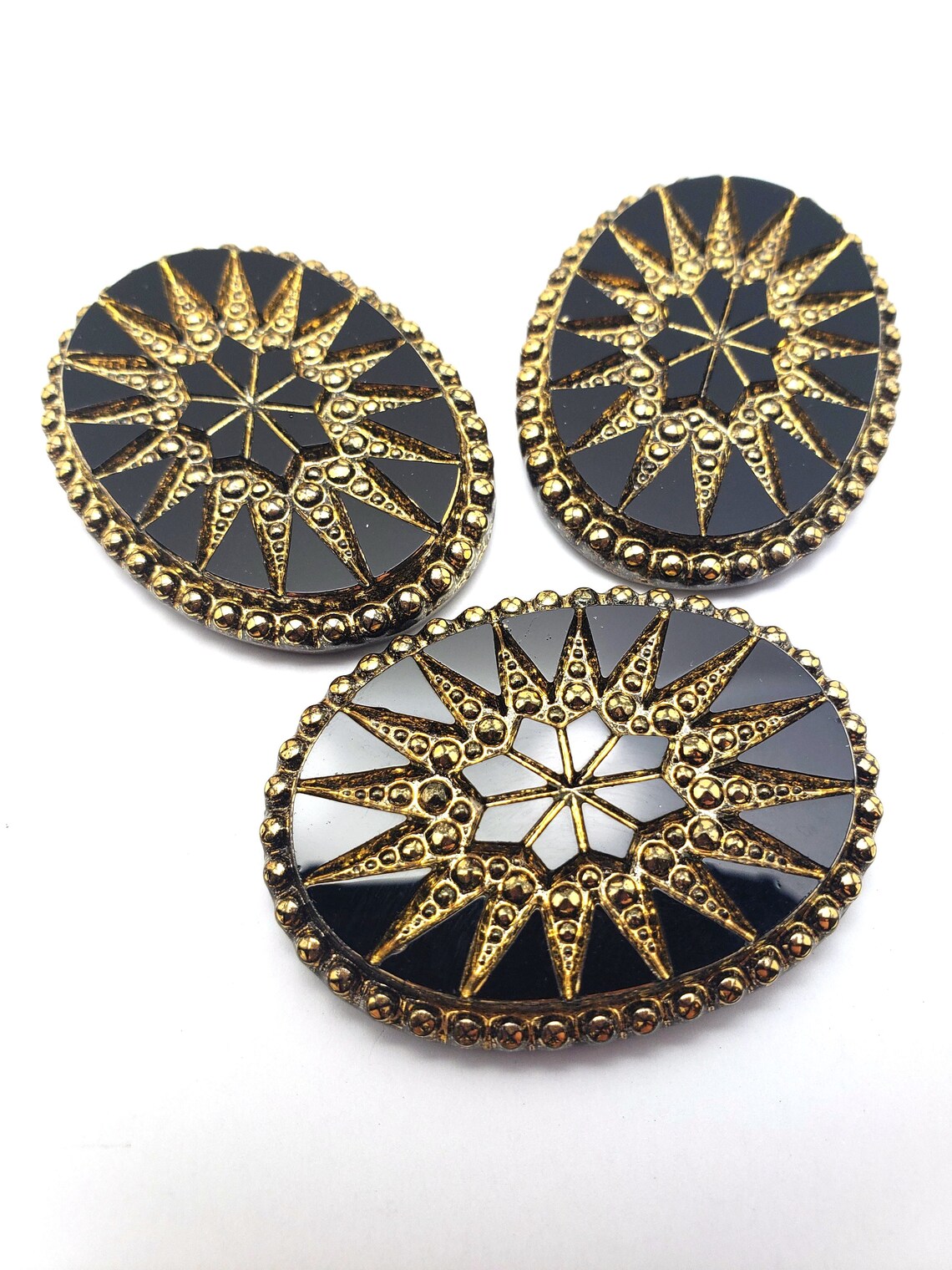 ONE (1) Pressed Glass Compass Rose Cabochon Cab Jet Black Gold Foiled ...