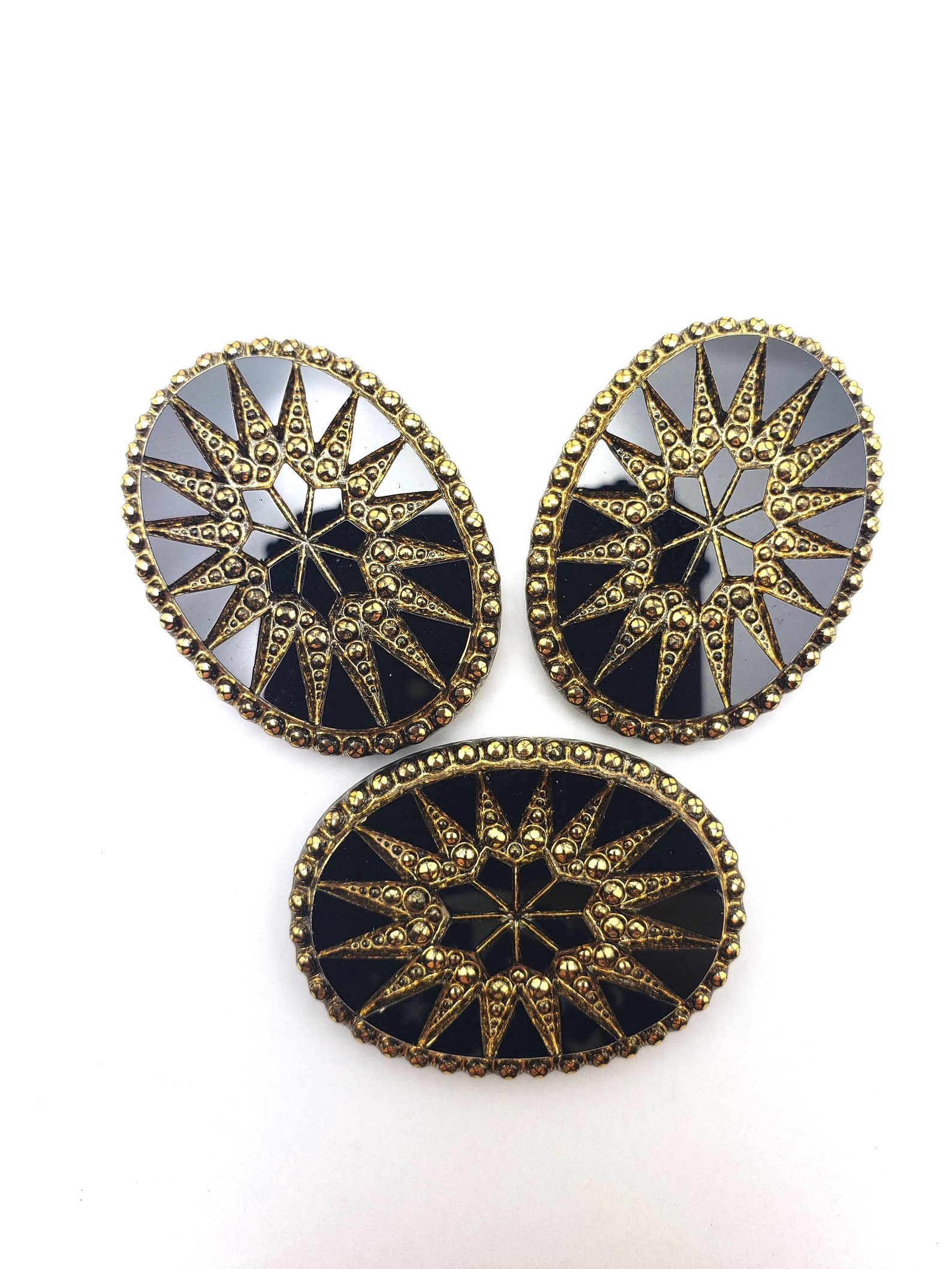 ONE (1) Pressed Glass Compass Rose Cabochon Cab Jet Black Gold Foiled ...