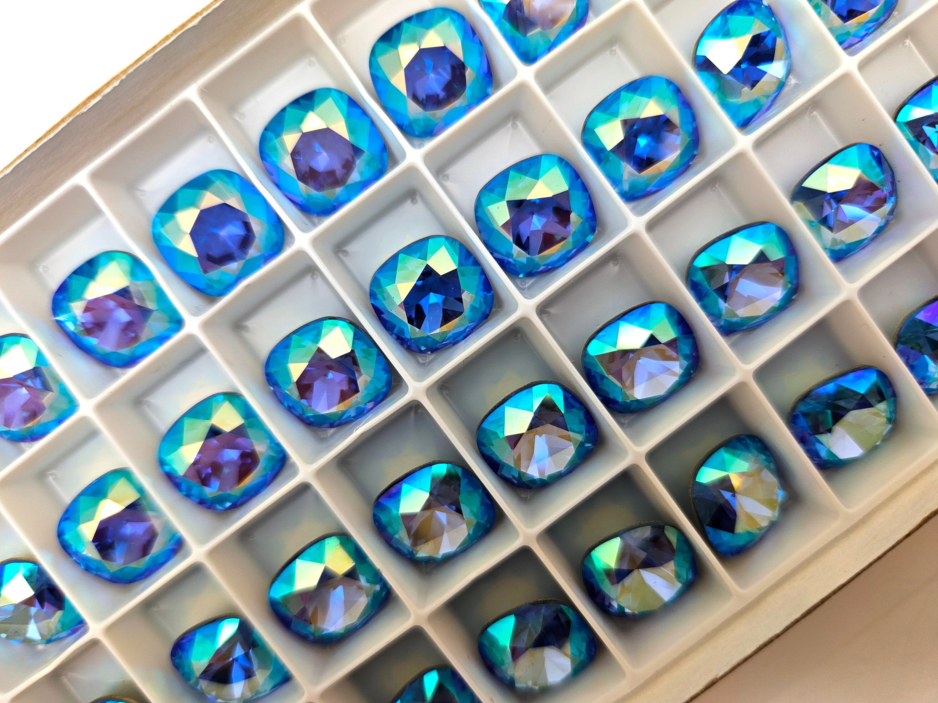 Four (4) Austrian Crystal Fancy Square Stone 4470 Cool Blue AB Rare ...