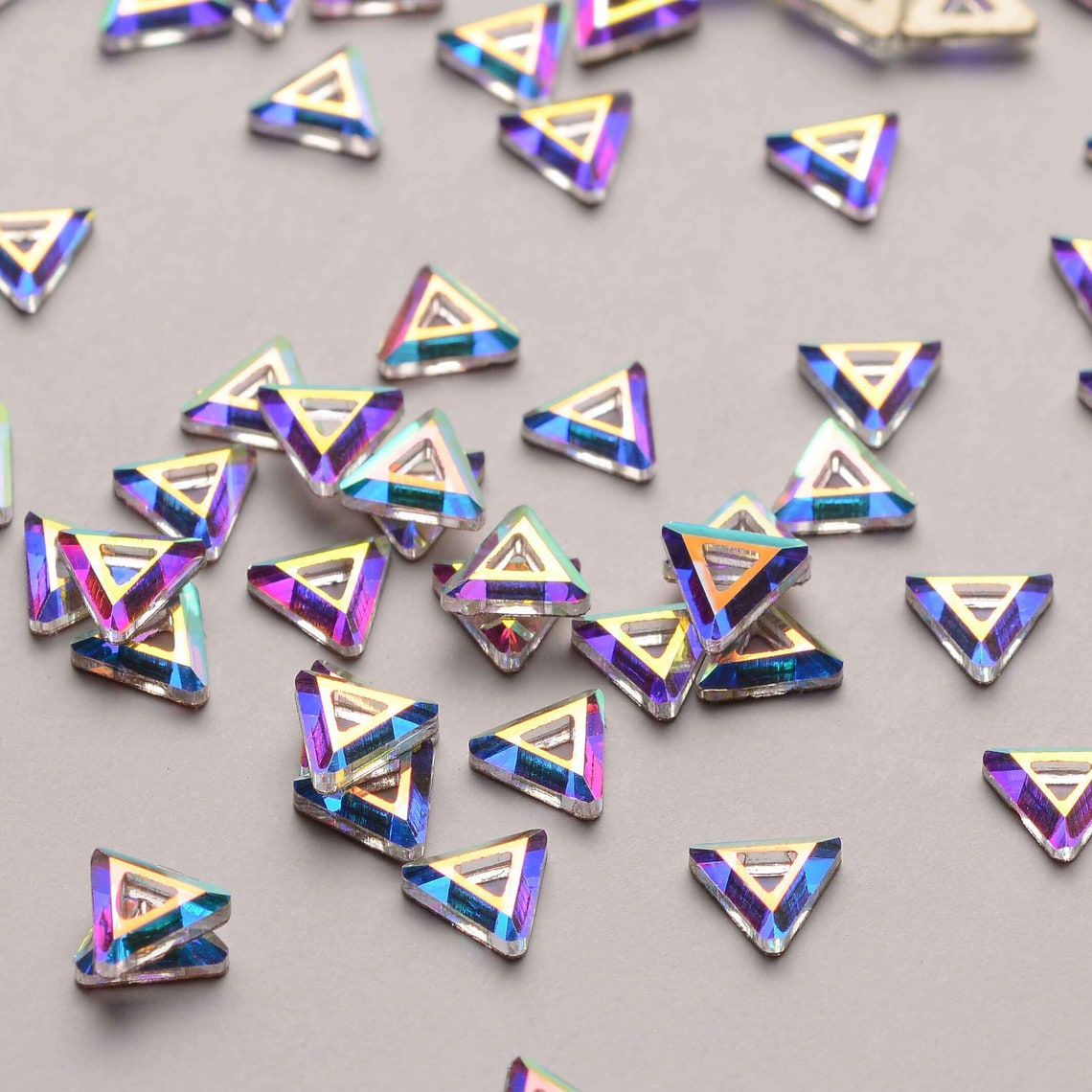 TEN (10) Crystal Faceted Open Triangle Flat Back AB Aurora Borealis ...