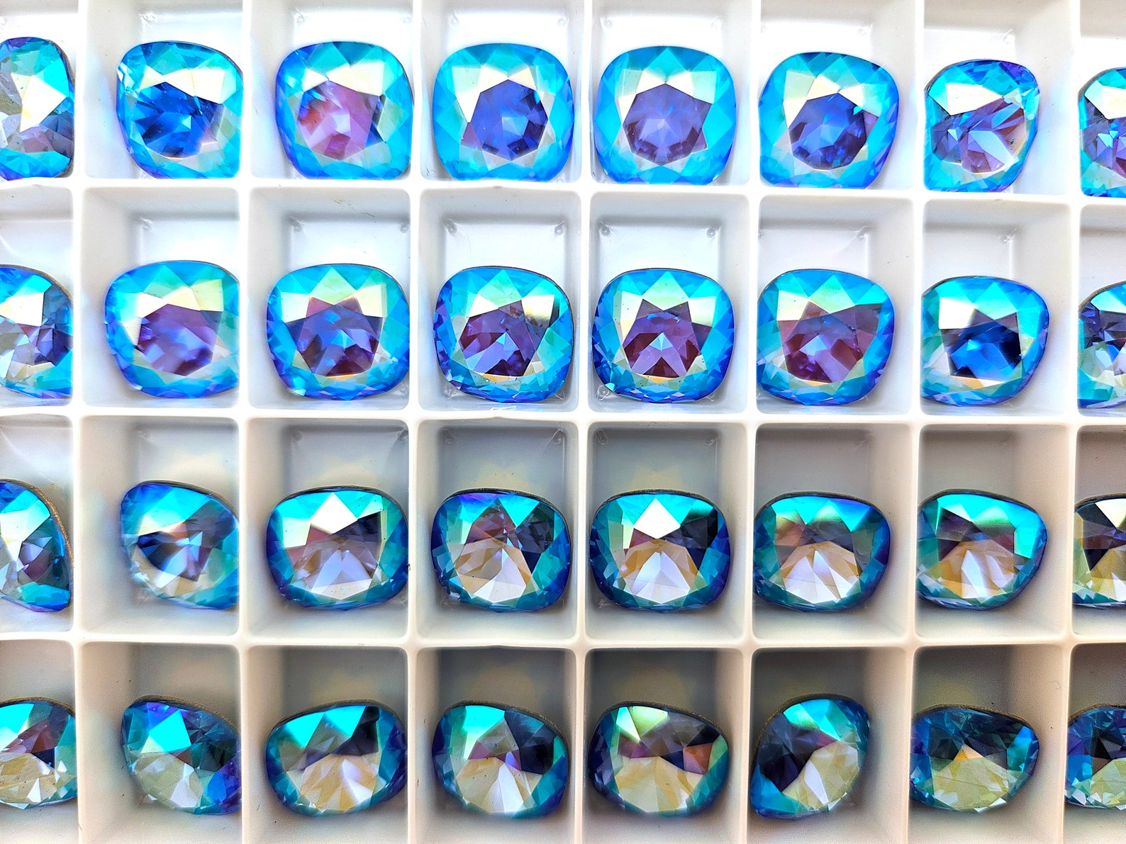 Four (4) Austrian Crystal Fancy Square Stone 4470 Cool Blue AB Rare ...