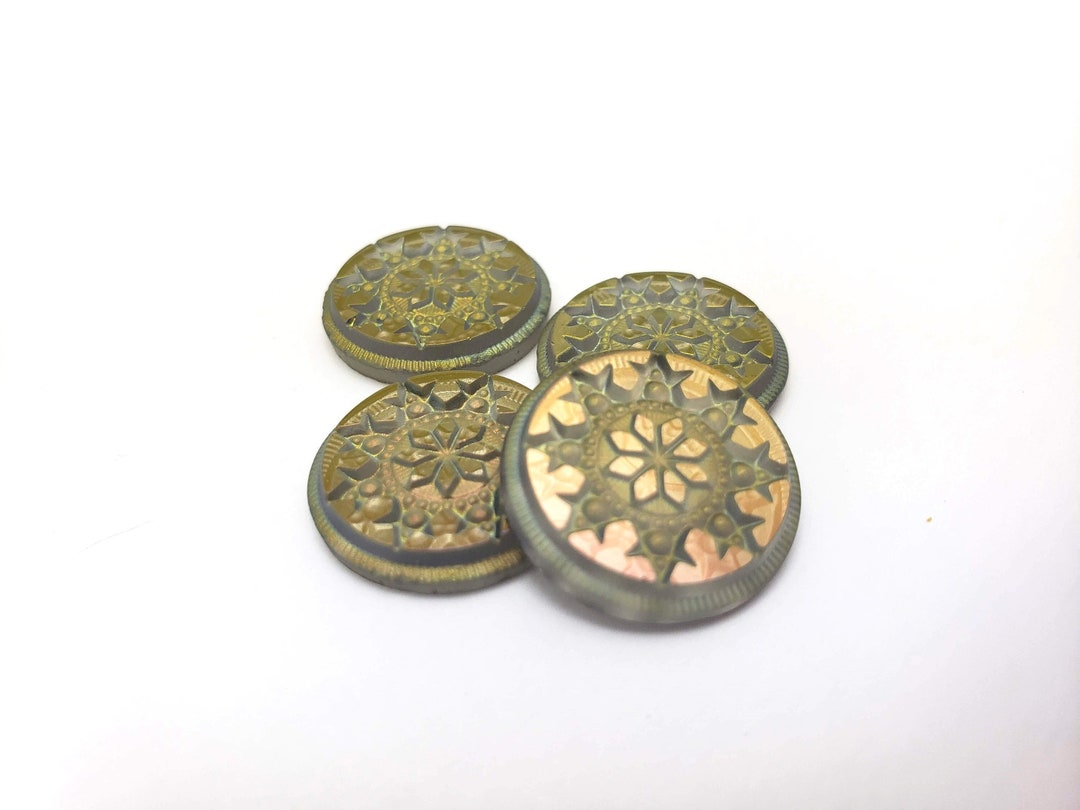 TWO (2) Pressed Glass Snowflake Compass Rose Cabochon Cab Golden Tabac ...