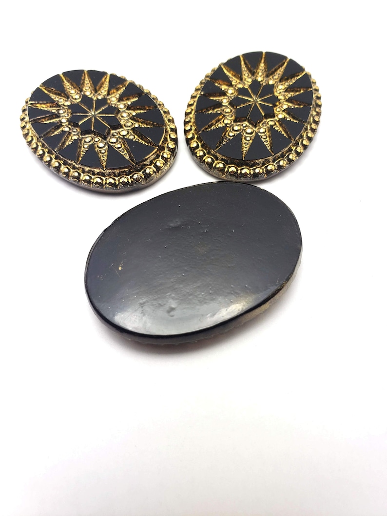 ONE (1) Pressed Glass Compass Rose Cabochon Cab Jet Black Gold Foiled ...