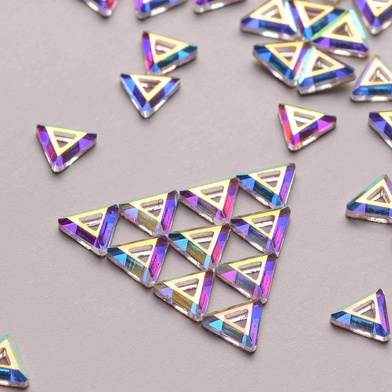 TEN (10) Crystal Faceted Open Triangle Flat Back AB Aurora Borealis ...