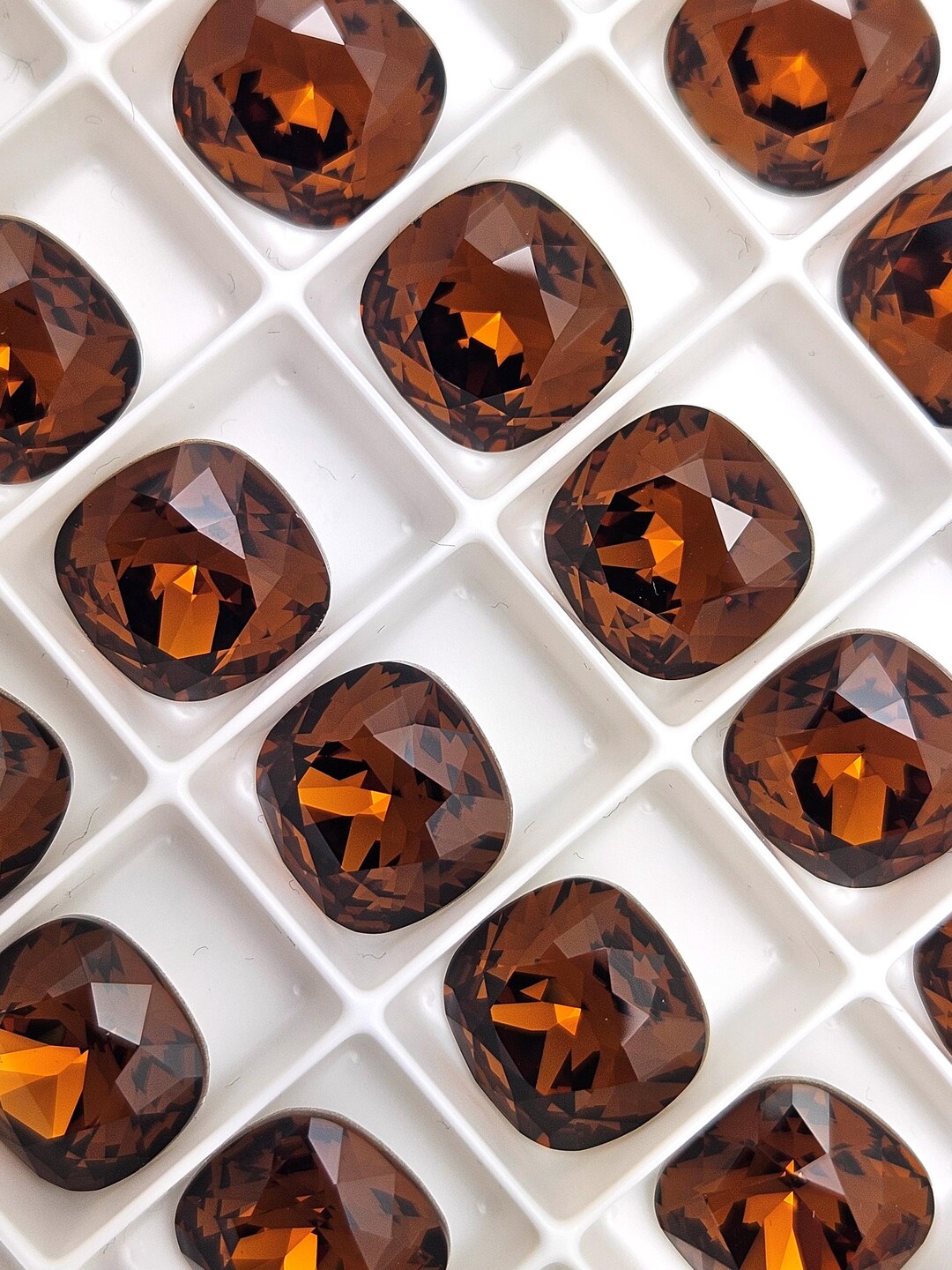 Four (4) Austrian Crystal Fancy Square Stone 4470 Smoked Topaz Custom ...