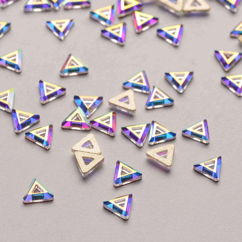 TEN (10) Crystal Faceted Open Triangle Flat Back AB Aurora Borealis ...