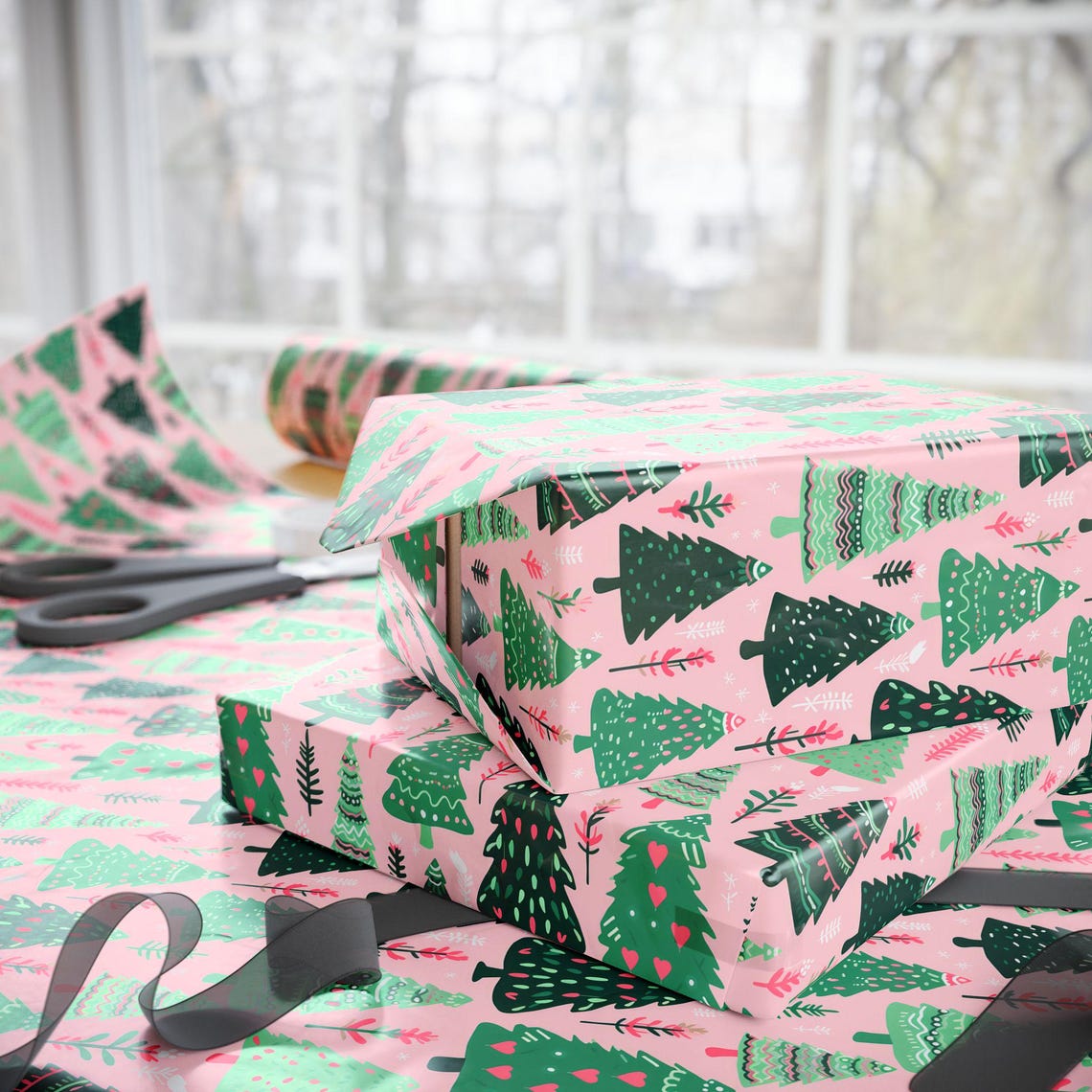 Pink Christmas Tree Preppy Wrapping Paper Rolls Glossy Matte Gift Wrap ...