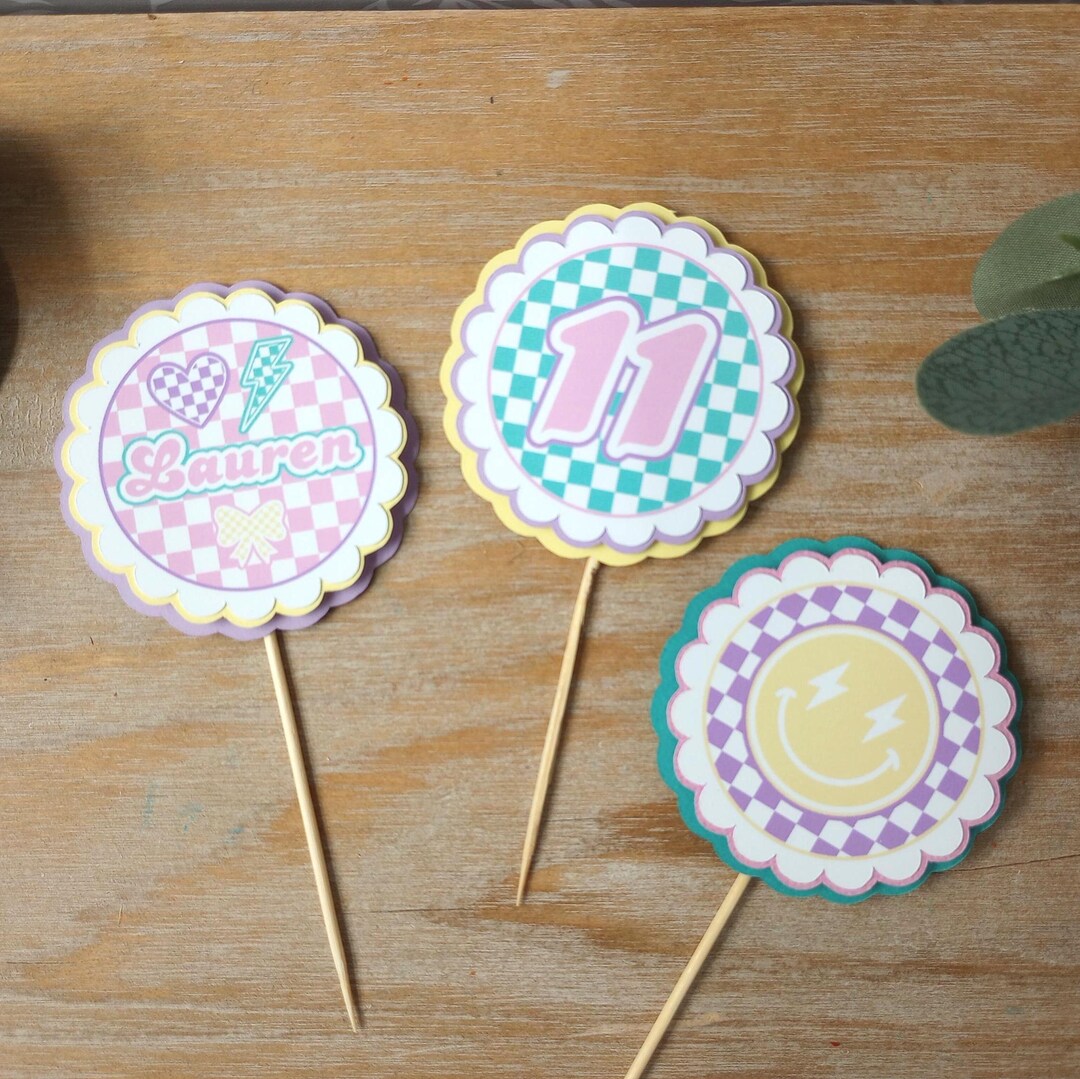 Preppy Pastel Checkered Smiley Face Cupcake Toppers Girls Youth Tween ...
