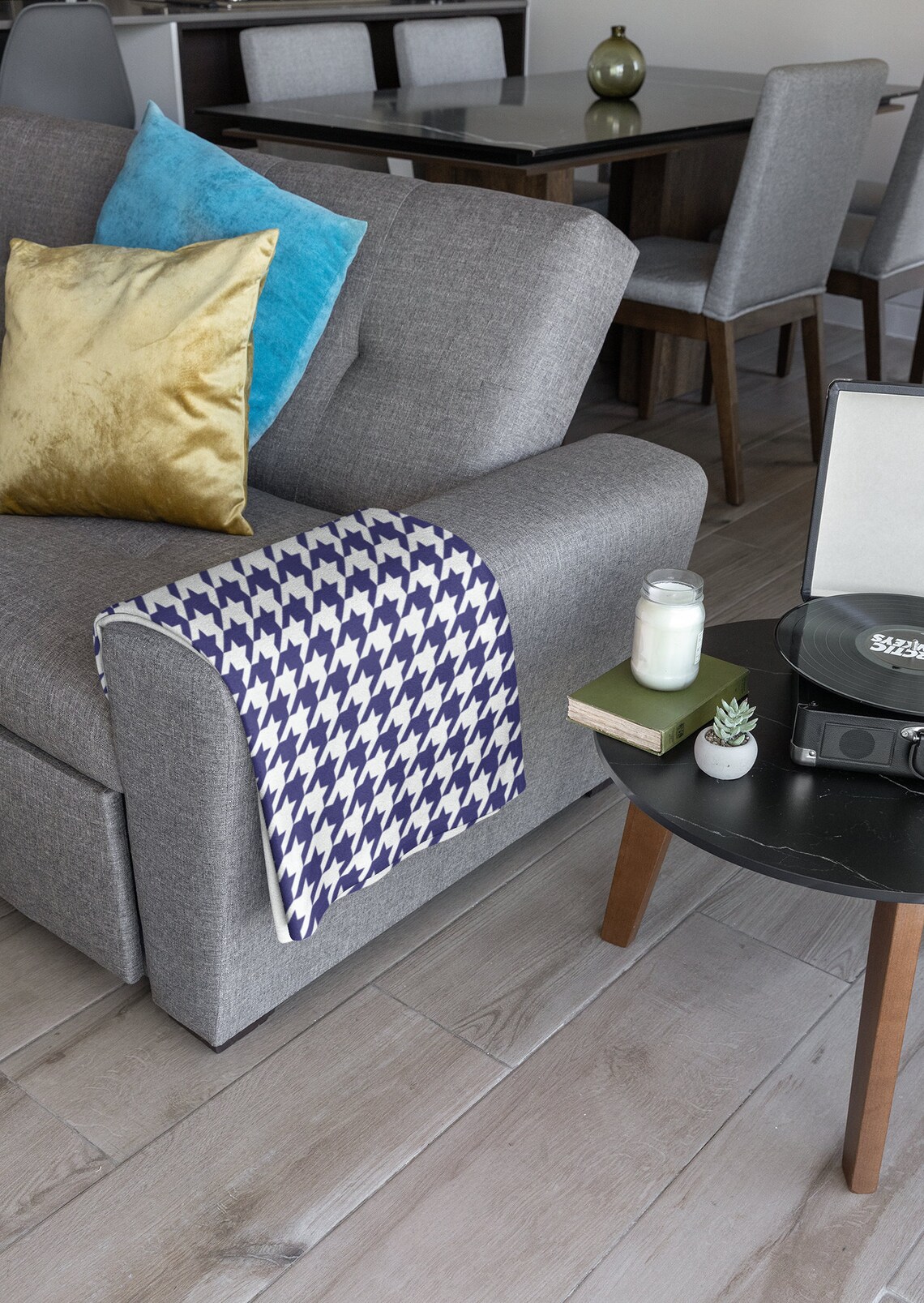 Navy Blue Houndstooth Velveteen Blanket Campfire Chair Throw Giant ...
