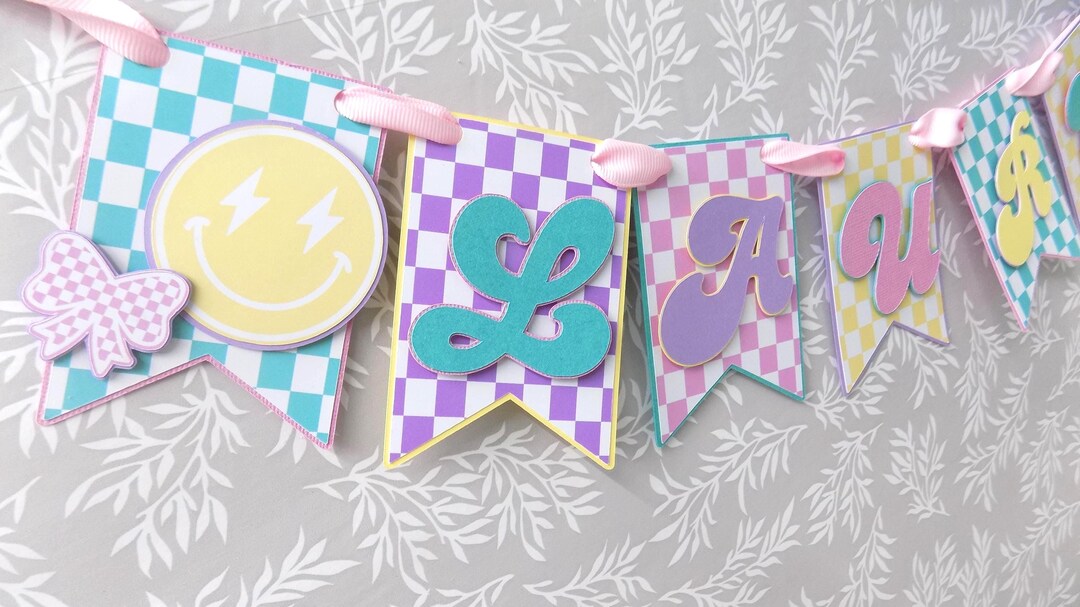 Preppy Pastel Checkered Smiley Face Birthday Banner Customizable ...