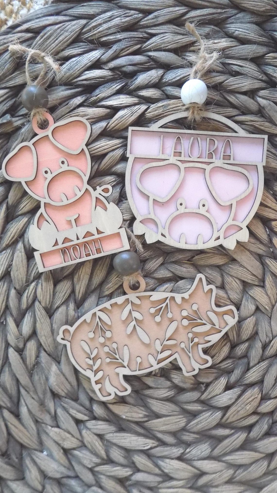 Personalized Pig Ornament Flat Wood Layered Pig Ornaments Wooden Name ...