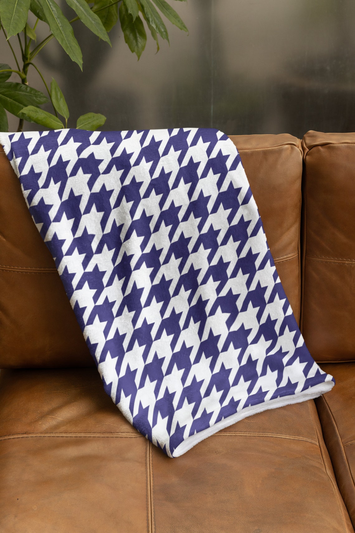 Navy Blue Houndstooth Velveteen Blanket Campfire Chair Throw Giant ...