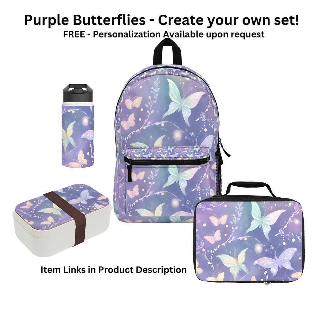 Purple Butterfly Backpack and Lunchbox Girly Kindergarten Bookbag for ...