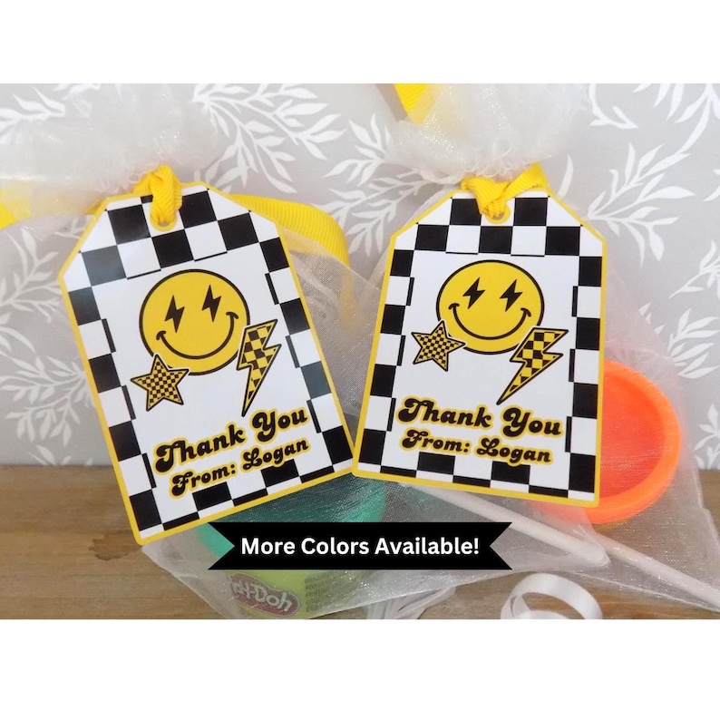 Checkered Smiley Face Birthday Party Favor Tags Personalized Thank You ...
