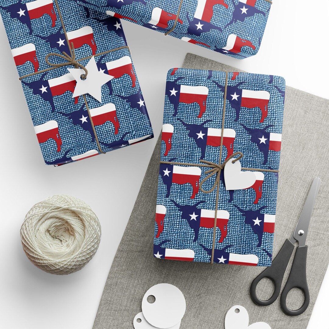 Denim Cattle Texas Flag Wrapping Paper Roll for Men Texas Longhorn Gift ...