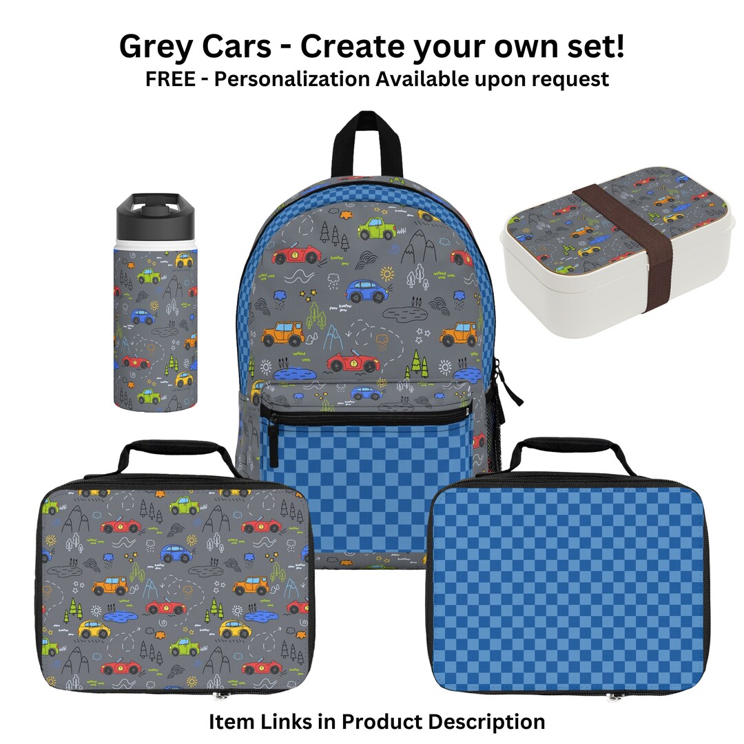 Grey Cars BACKPACK and Lunchbox Custom Kindergarten Bookbag Boy Cute ...