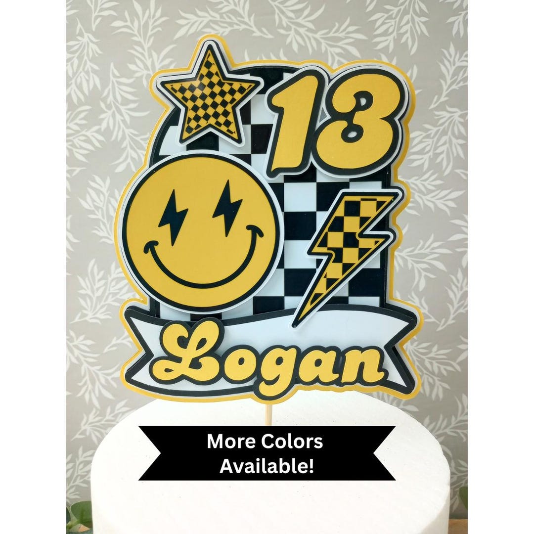 Smiley Face Cake Topper Checkered Birthday Boys Girls Cool Retro Smiley ...