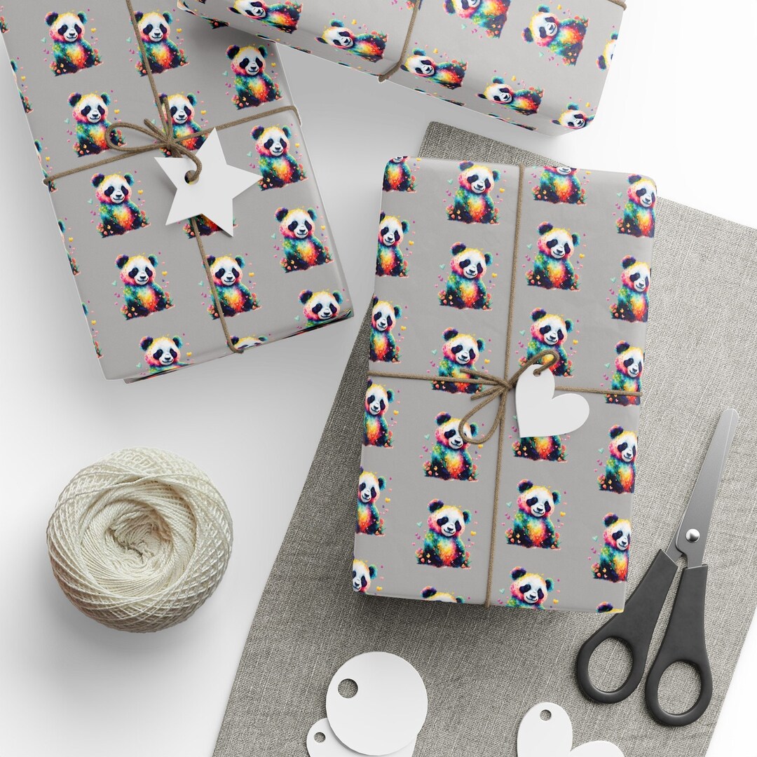 Grey Watercolor Panda Bear Wrapping Paper Roll Panda Baby Shower Paper ...