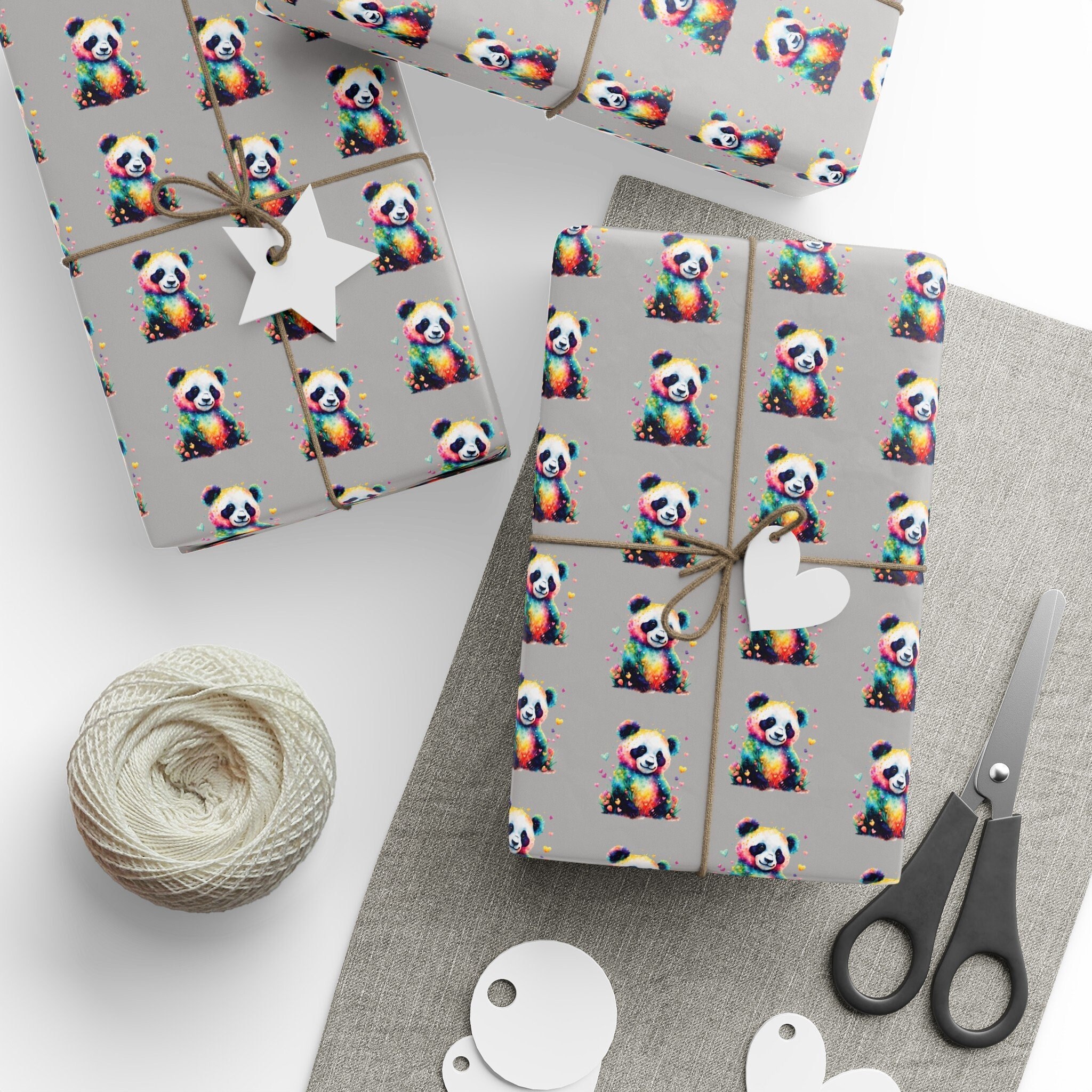 Grey Watercolor Panda Bear Wrapping Paper Roll Panda Baby Shower Paper ...