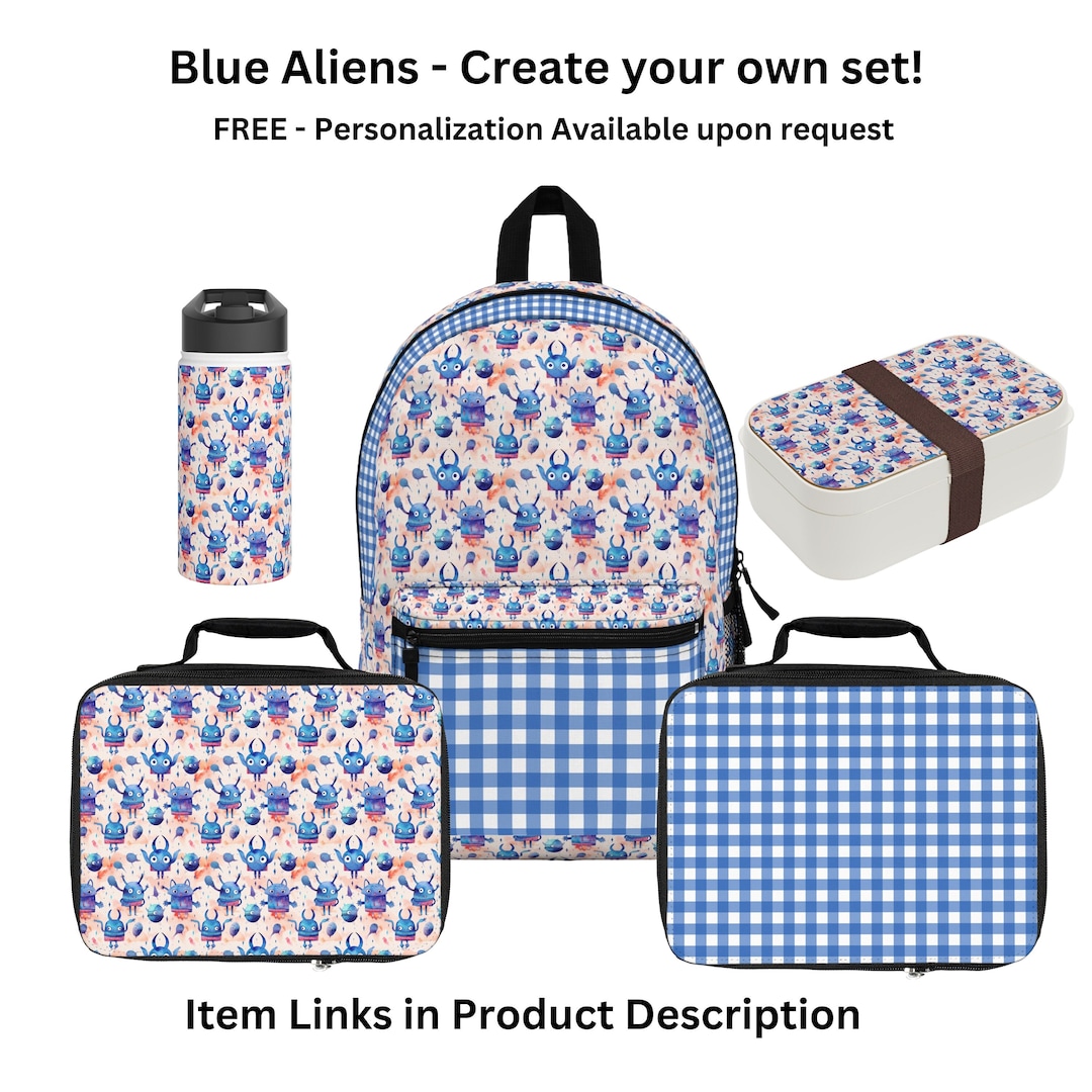 Blue Aliens BACKPACK and Lunchbox Set Kindergarten Bookbag Gingham ...
