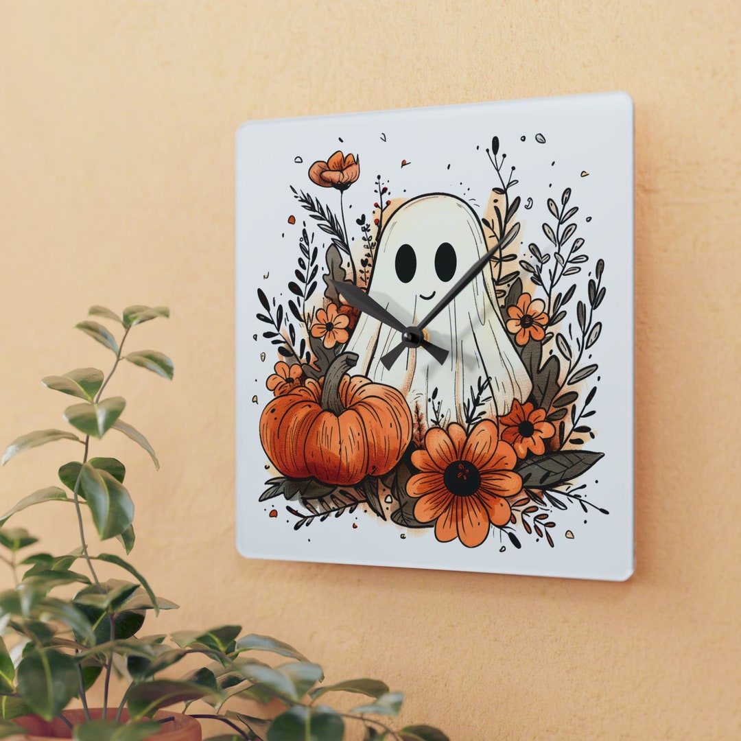 Cute Ghost Halloween Clock Square Acrylic Autumn Floral Ghost Themed ...