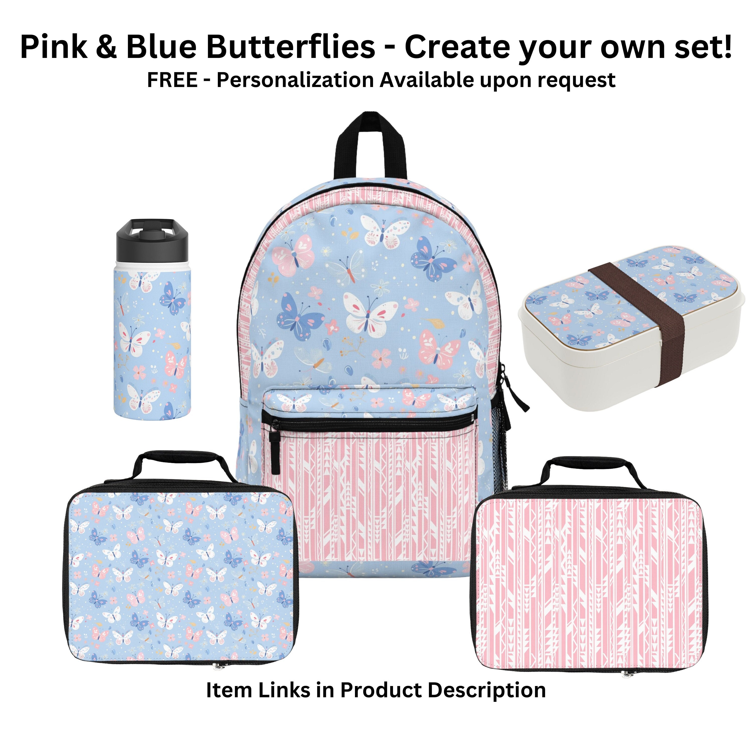 Pink & Blue Butterfly BACKPACK and Lunchbox Girly Kindergarten Bookbag ...