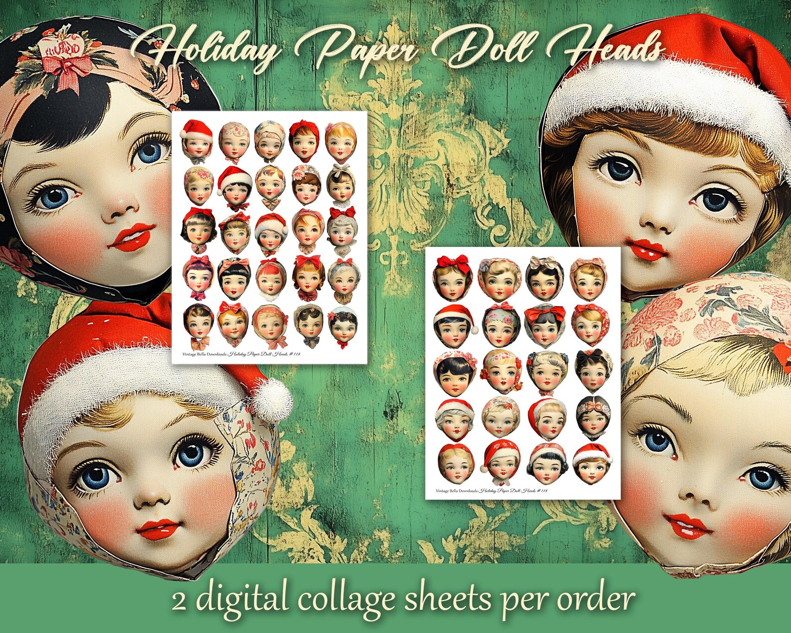 DIGITAL FILES Holiday Paper Doll Heads Christmas Winter Illustrations ...