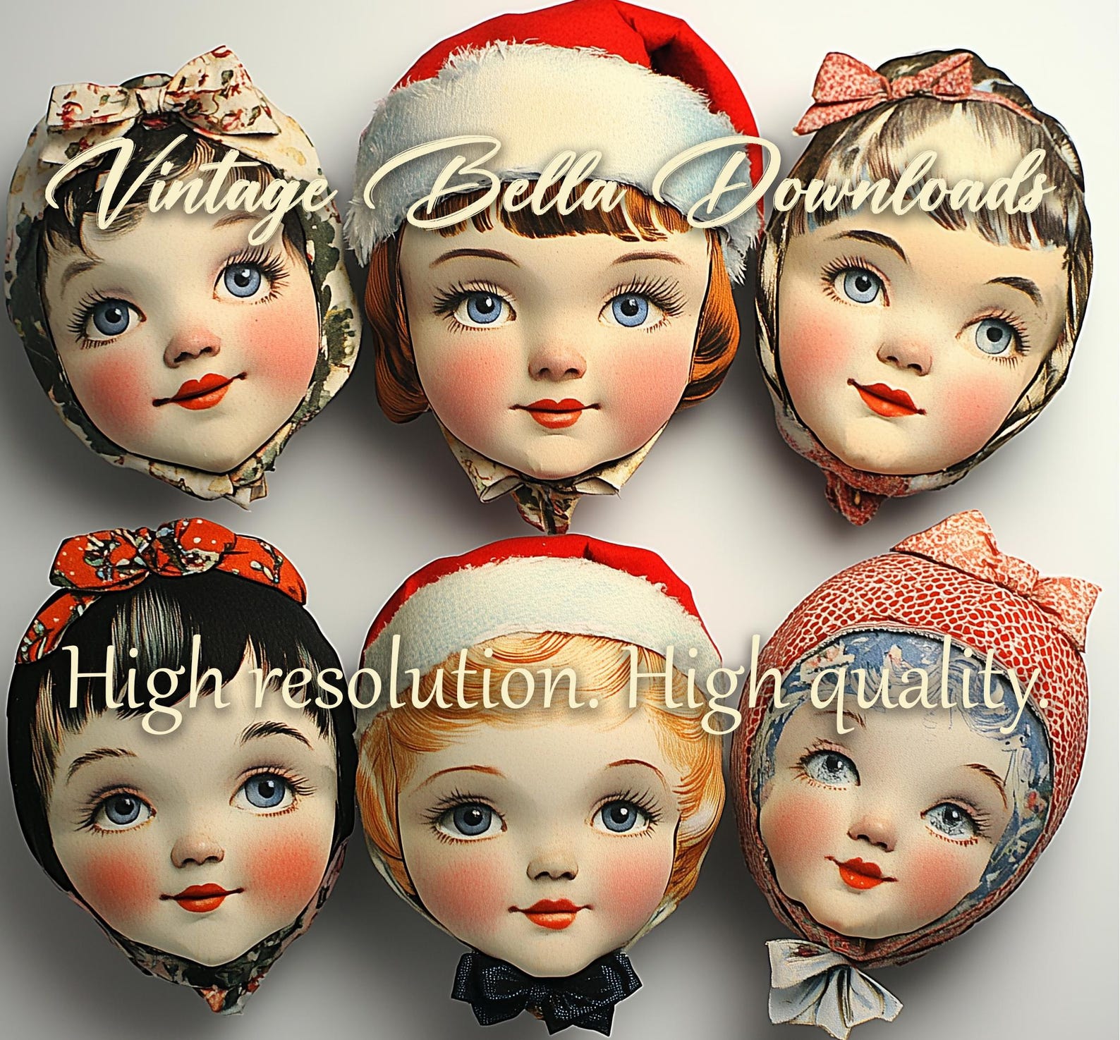 DIGITAL FILES Holiday Paper Doll Heads Christmas Winter Illustrations ...