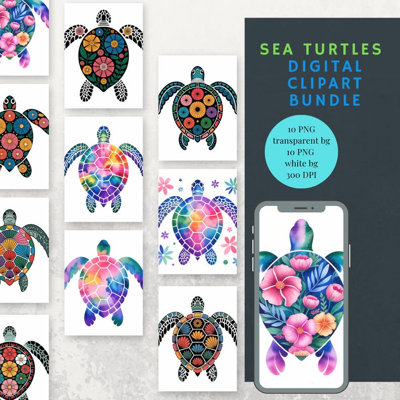 Sea Turtle Clipart Bundle: Watercolor PNG JPG Graphics (digital ...